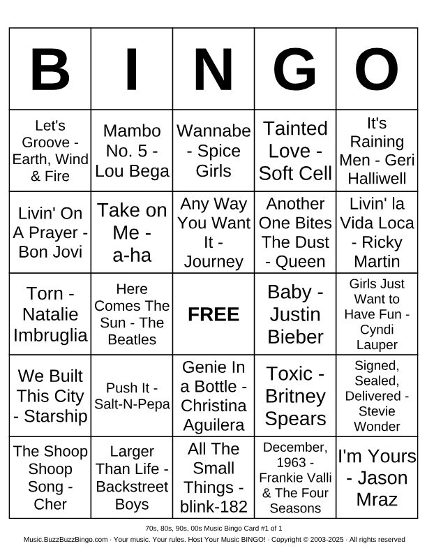 Get 70s, 80s, 90s, 00s Music Bingo Cards to Customize and Print and ...