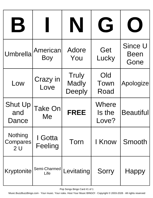 Get Pop Songs Bingo Cards to Customize and Print and Play Online