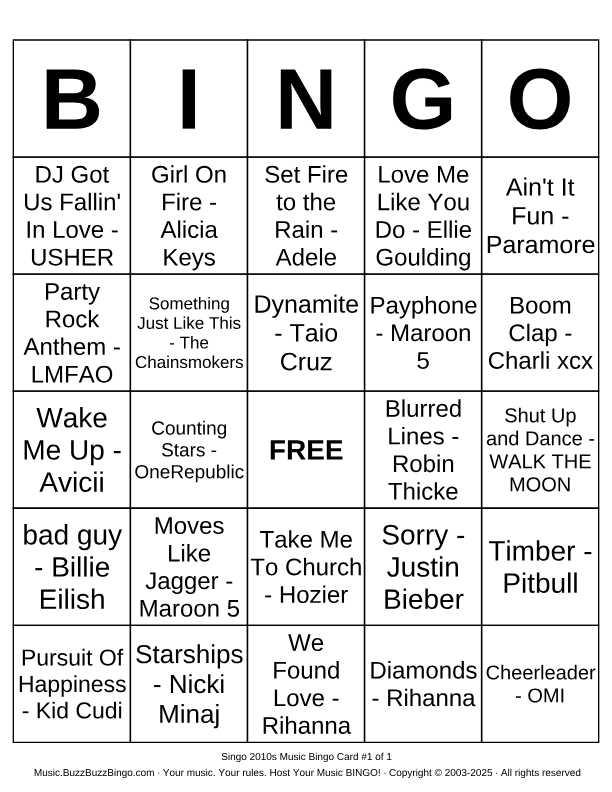 Get Singo 2010s Music Bingo Cards to Customize and Print and Play Online
