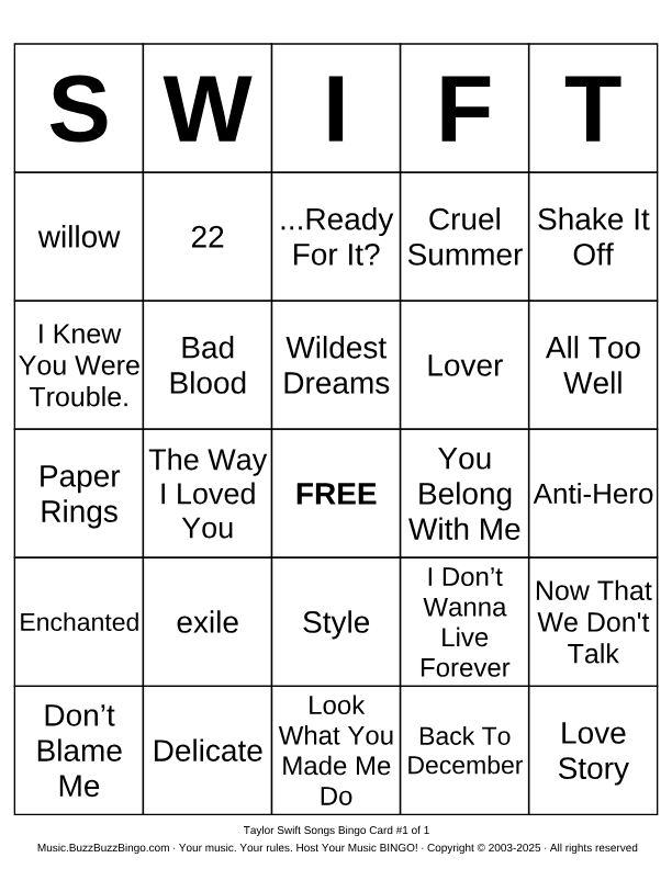 Get Taylor Swift Songs Bingo Cards to Customize and Print and Play Online